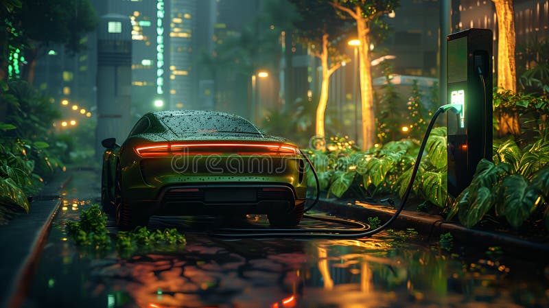 Futuristic Electric Car Connected To Charging Station in the City Stock ... Futuristic Electric Car Connected To Charging Station in the City Stock ...