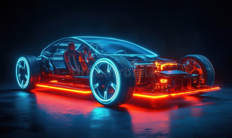 Futuristic Electric Car Design with Neon Lights and Transparent Chassis ...