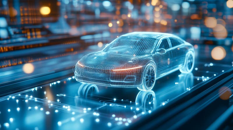 Futuristic Electric Car on Digital Display with Neon Lights Stock ...