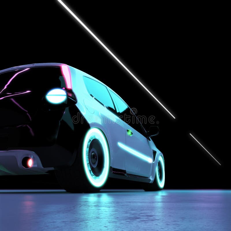 Futuristic Electric Car Drives on Neon Illuminated Road at Night. Stock ...