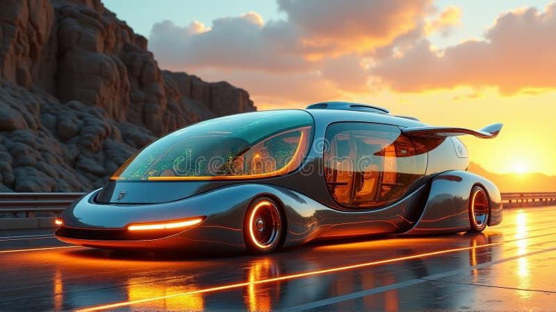 Futuristic Electric Car Driving at Sunset. Stock Illustration ...