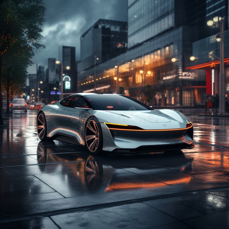 Futuristic Electric Car Driving through an Urban Night Scape Stock ...