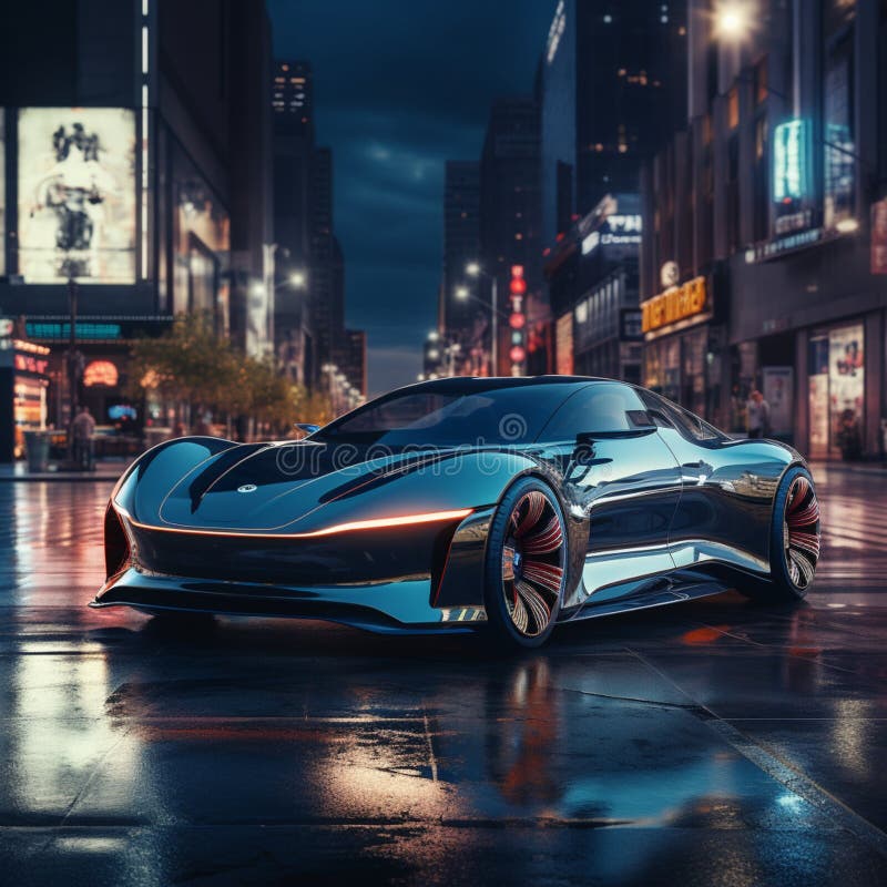 Futuristic Electric Car Driving through an Urban Night Scape Stock ...