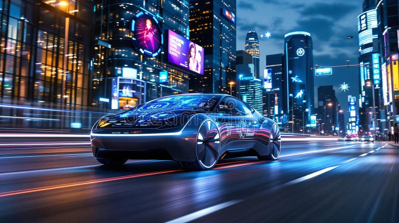 Futuristic Electric Car in Fast Motion through Neon-lit Cityscape at ...