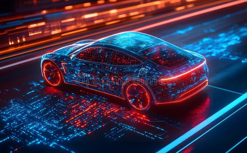 Futuristic Electric Car with Glowing Digital Circuits Driving on High ...
