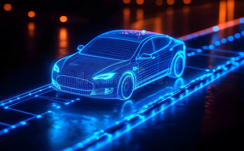 Futuristic Electric Car with Glowing Digital Circuits Driving on High ...
