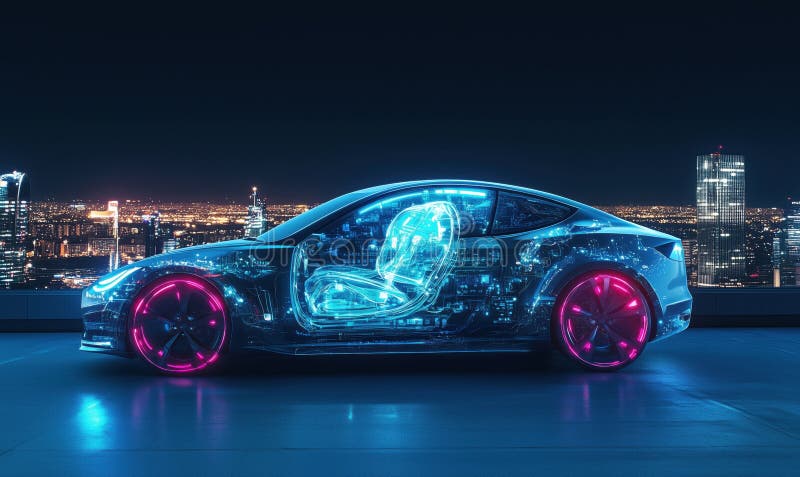 Futuristic Electric Car with Glowing Interior and City Skyline Backdrop ...