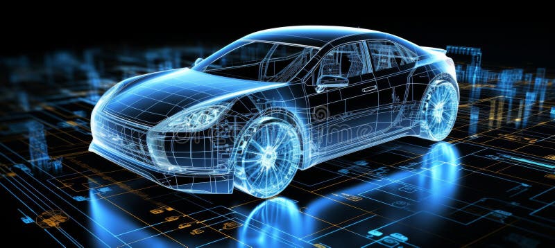 Futuristic Electric Car on Holographic Wireframe Digital Technology ...