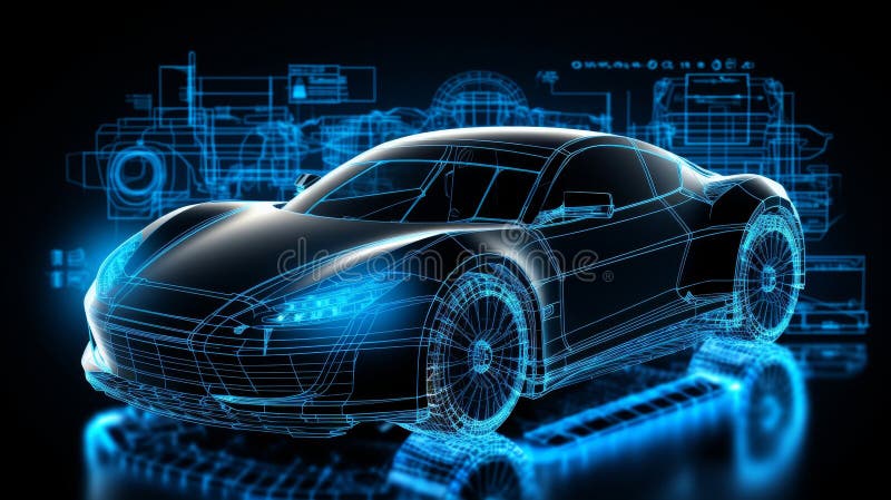 Futuristic Electric Car with Holographic Wireframe Digital Technology ...