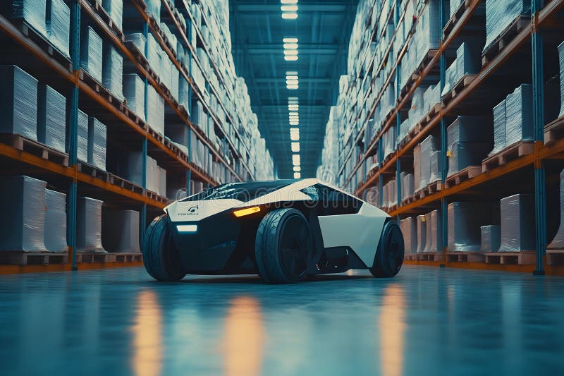 Futuristic Electric Car in Modern Warehouse with Stacked Boxes and ...