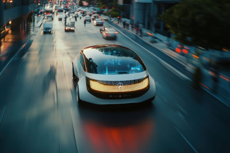 Futuristic Electric Car Navigating City Street Stock Image - Image of ...