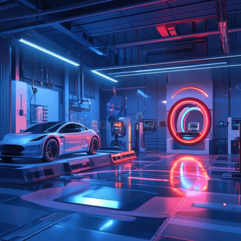 Futuristic Electric Car in Neon-lit High-tech Garage Display Stock ...
