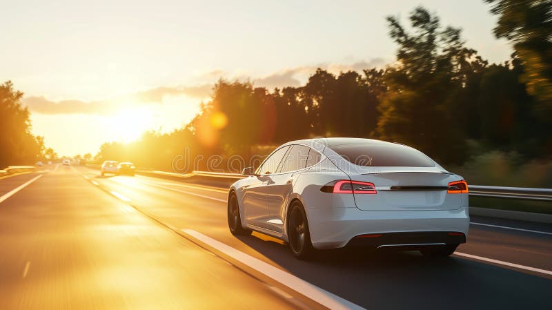 Futuristic Electric Car Speeding Along Crowded Highway Stock ...