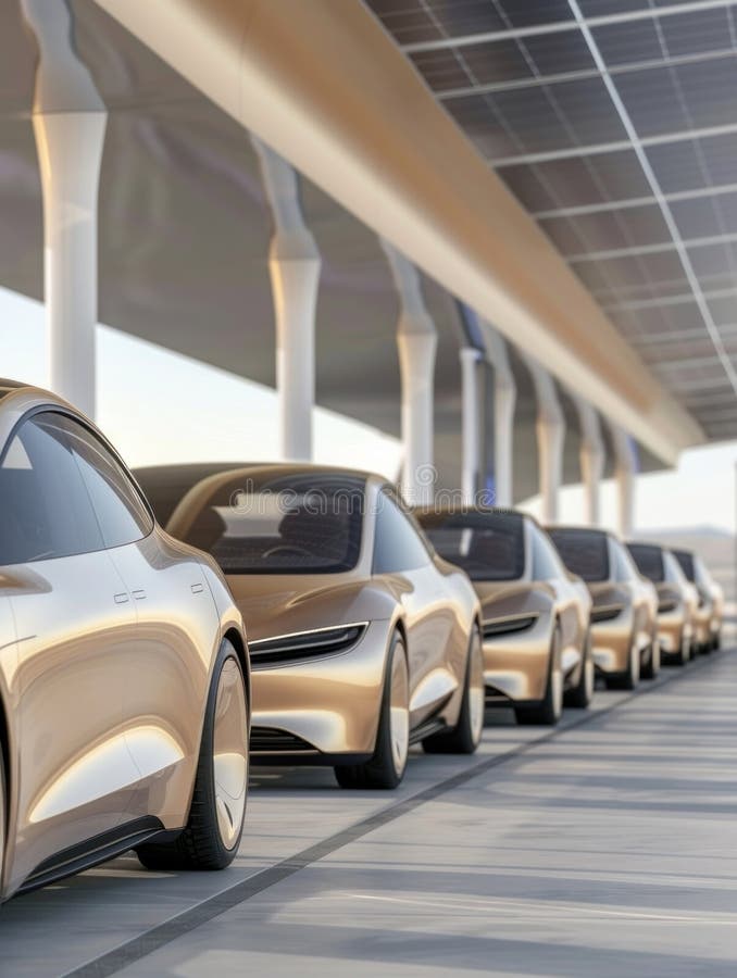 Futuristic Electric Cars Under Solar Panel Canopy at Modern Charging ...