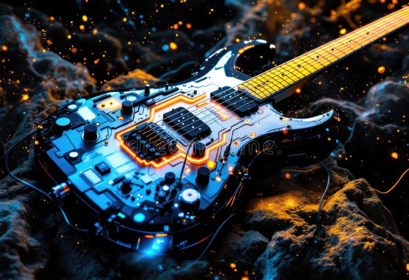 Futuristic Electric Guitar with Glowing Circuits Laying on Textured ...