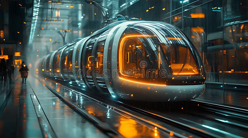 Futuristic Electric Train Arriving at a Modern Station at Night Stock ...