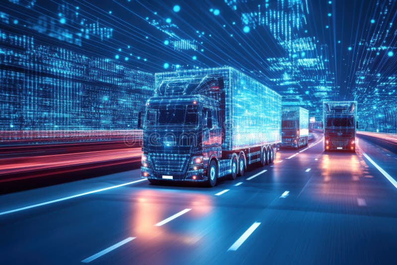 Futuristic Electric Trucks on High-tech Highway at Night with Digital ...