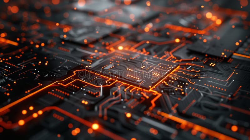Futuristic Electronic Circuit Board with Glowing Orange Paths Stock ...