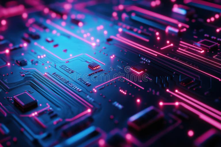 Futuristic Electronic Circuit Board with Neon Lighting and Precise ...
