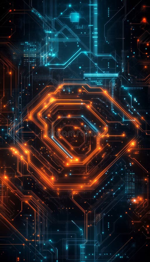 Futuristic Electronic Circuit Board Orange, Blue Pathways on Dark ...