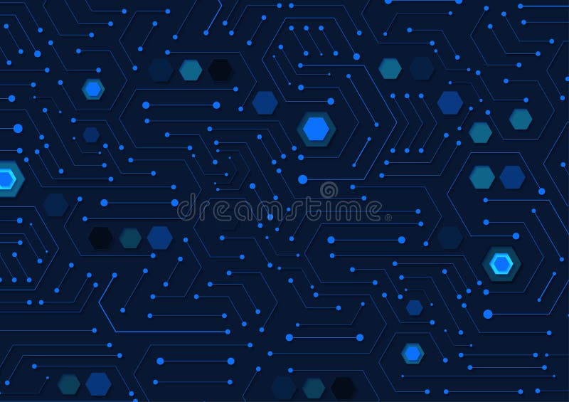 Futuristic Electronic Circuit Technology and Hexagon on Blue Background ...