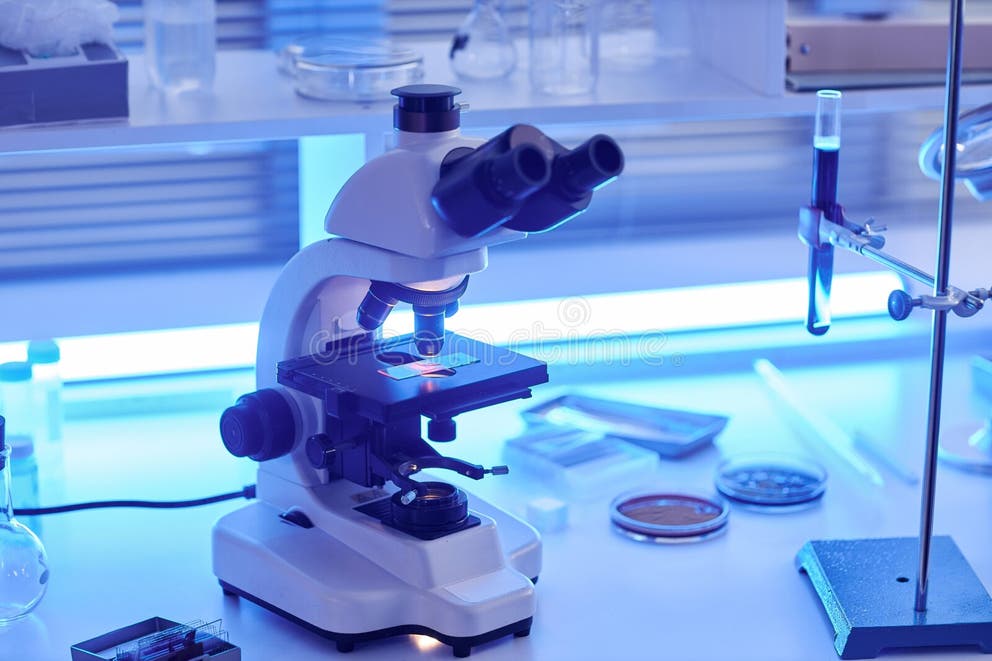 Futuristic Electronic Microscope on Laboratory Workstation in Neon ...