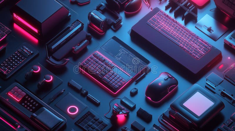 Futuristic Electronics and Gadgets Assortment with Neon Lighting Stock ...