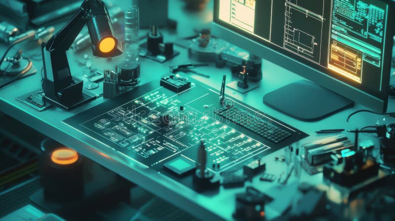 Futuristic Electronics Lab Showing Circuit Board Design on Desk Stock ...