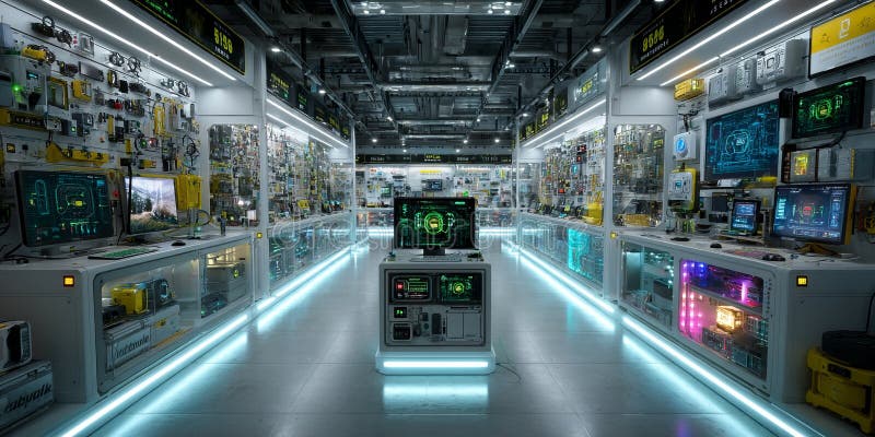 Futuristic Electronics Store Interior with a Illuminated Gadgets, Monitors, and High-tech ...