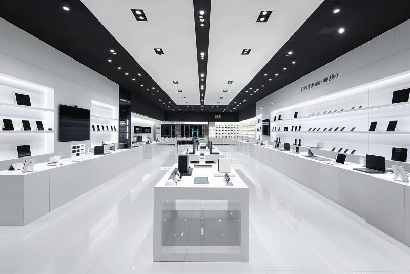 Futuristic Electronics Store with Monochrome Design and Modern Gadgets ...