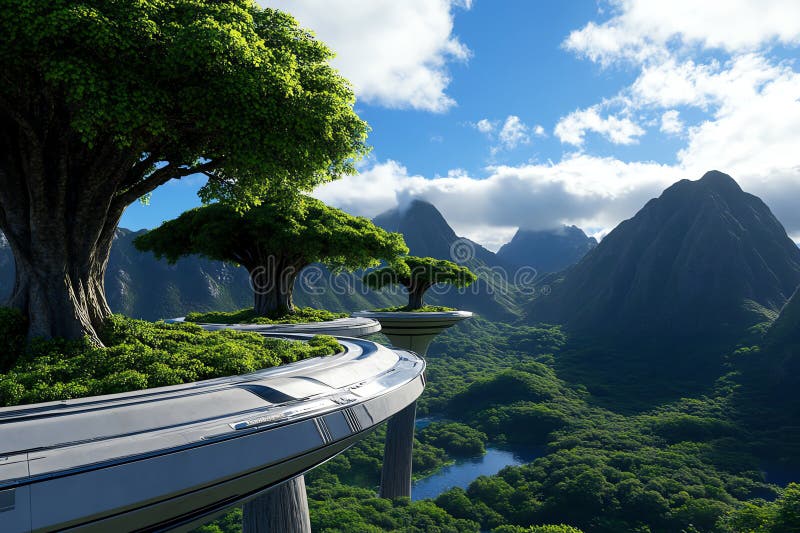Futuristic Elevated Pathway with Trees Against a Stunning Mountain ...