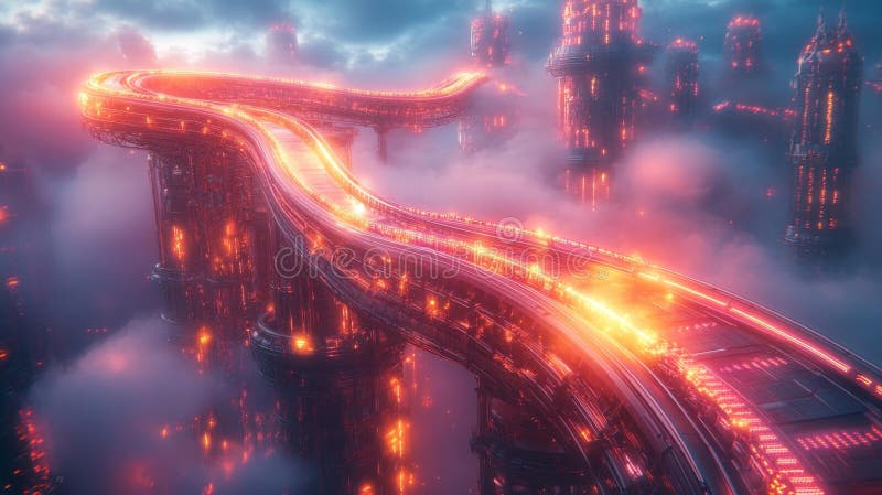 Futuristic Elevated Road Winding through Glowing City Structures Above ...