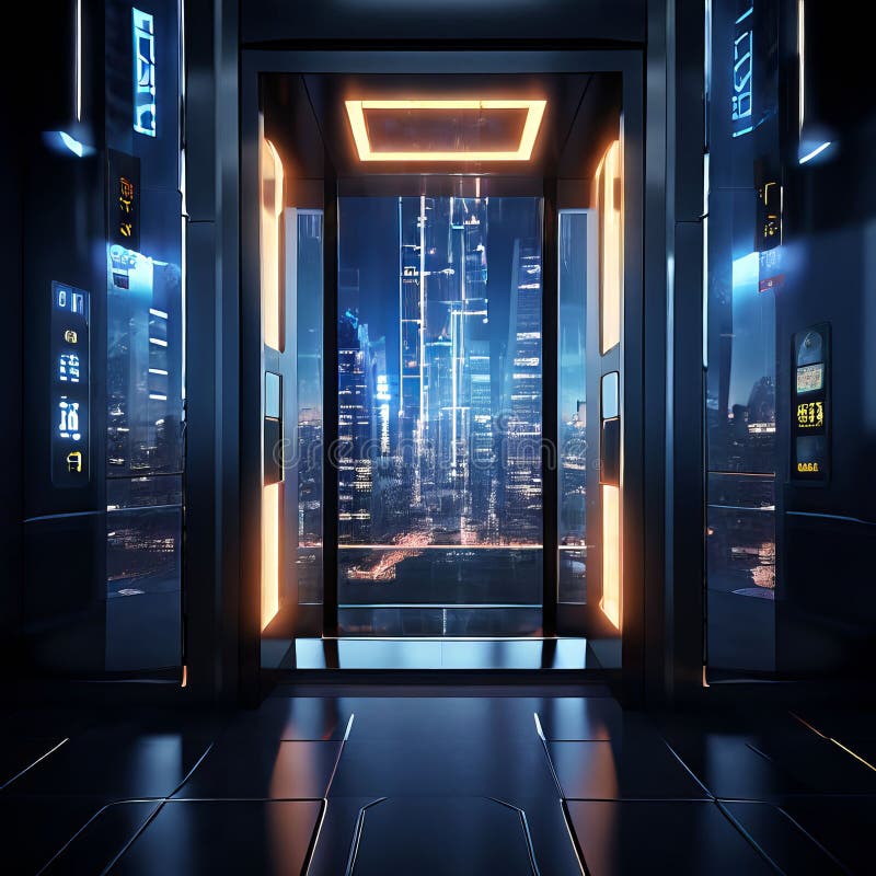 A Futuristic Elevator with Digital Displays and Interactive To Stock ...