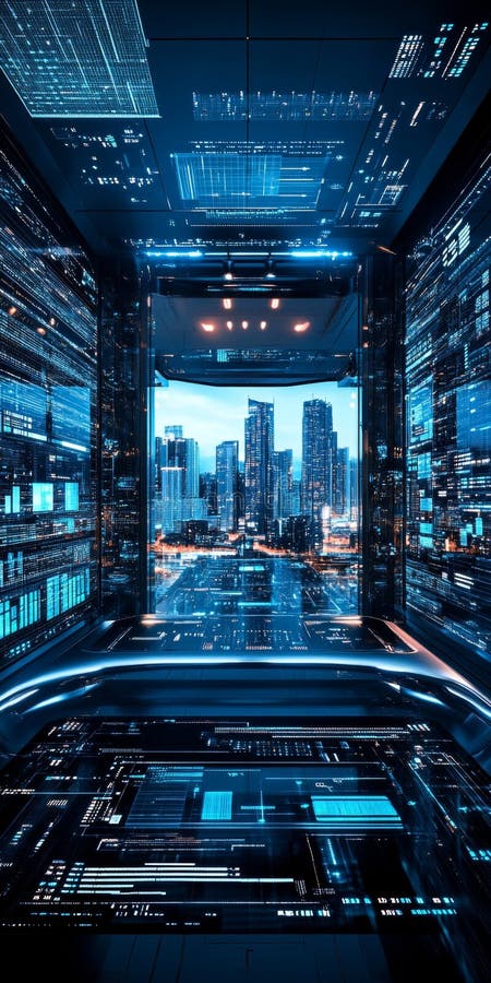 Futuristic Elevator Interior with Digital Displays and Cityscape View ...