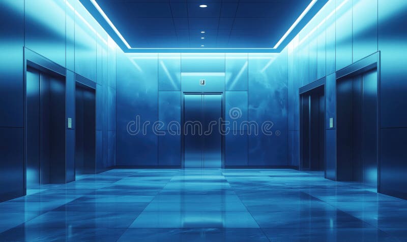 Futuristic Elevator Lobby with Blue Lighting and Sleek Design ...