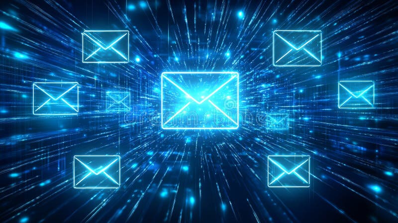 Futuristic Email Communication Network with Glowing Neon Envelope Icons ...