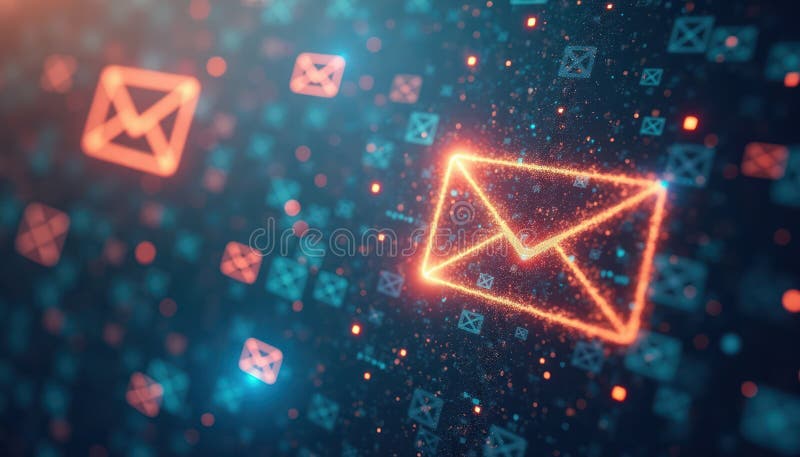 Futuristic Email Icon Glows on Abstract Digital Background. Abstract ...