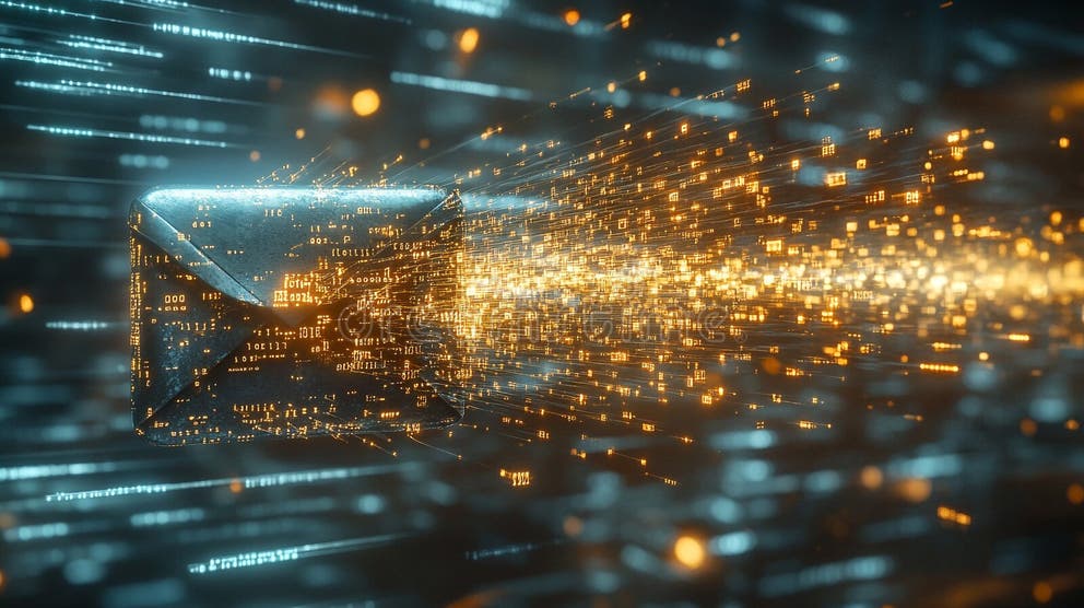 Futuristic Email Icon with Binary Code Trail and Sparkling Digital ...
