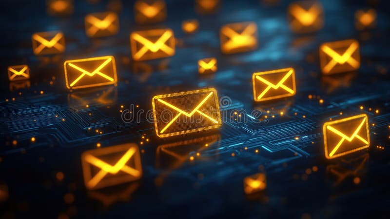 Futuristic Email Icons Glow on Abstract Digital Circuit Board. Modern ...
