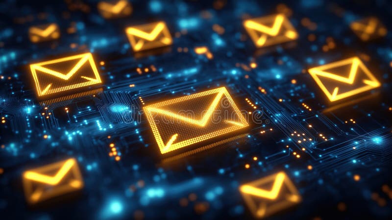 Futuristic Email Icons Glow on Abstract Digital Circuit Board. Network ...