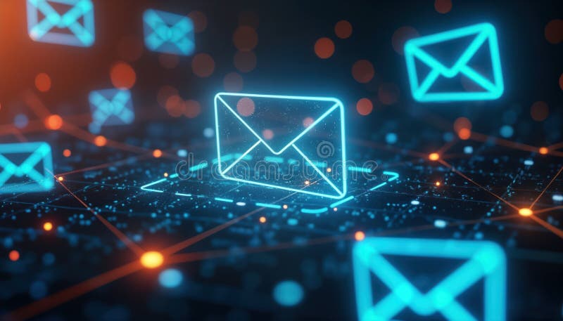 Futuristic Email Icons Glow in Digital Space. Email Symbols Float in ...