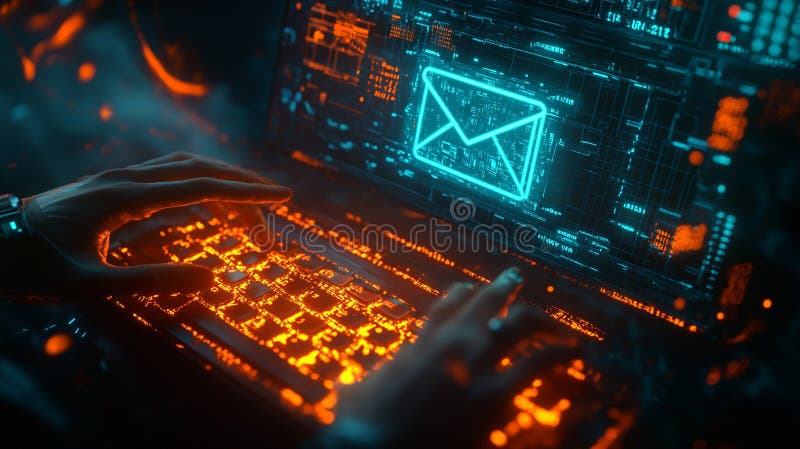 Futuristic Email Interface Neon Glowing Envelope on Laptop Keyboard ...