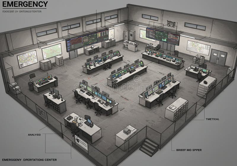 Futuristic Emergency Operations Center Featuring Multiple Workstations ...