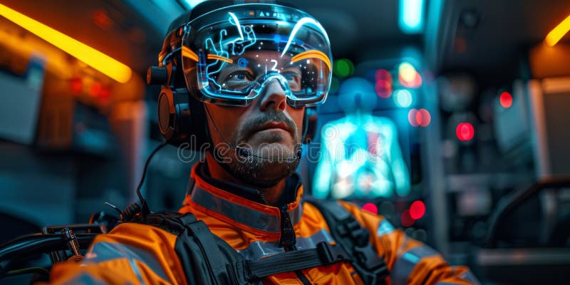 Futuristic Emergency Responder in an Orange Protective Suit Wearing an ...