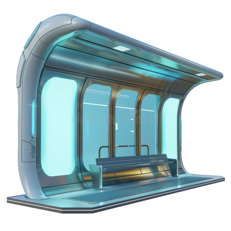 Futuristic Empty Bus Stop with Blue Lighting on White Background Stock ...