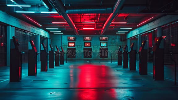 Futuristic Empty Shooting Range with Neon Lights and Targets: Concept ...