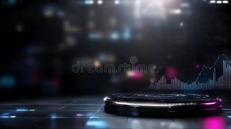 Futuristic Empty Stage with Neon Lights and Digital Graph Background ...