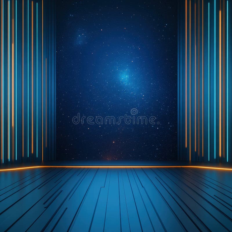 Futuristic Empty Stage with Neon Lights and Starry Sky Stock ...