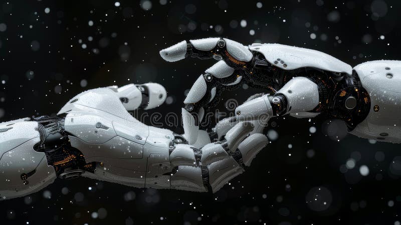 Futuristic Encounter of Human and Robot Hands Amidst Falling Snow Stock ...