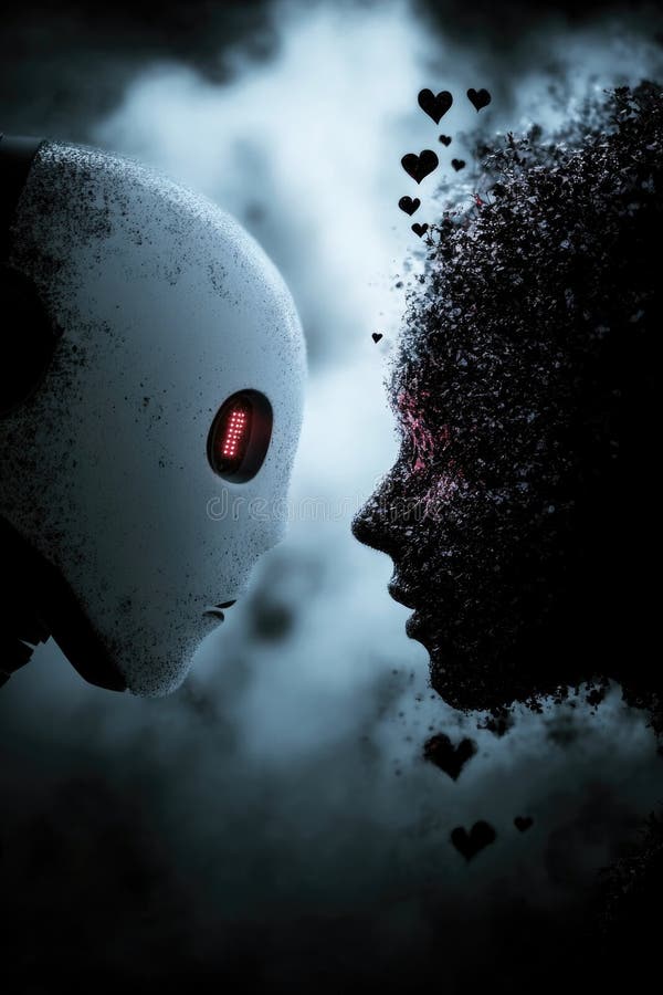 Futuristic Encounter between Humanoid Robot and Shadowy Figure with ...